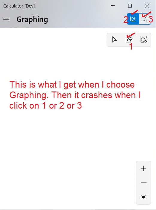 Calculator on Graphing mode crashes when I click on either "share" button or "switch to equation ...