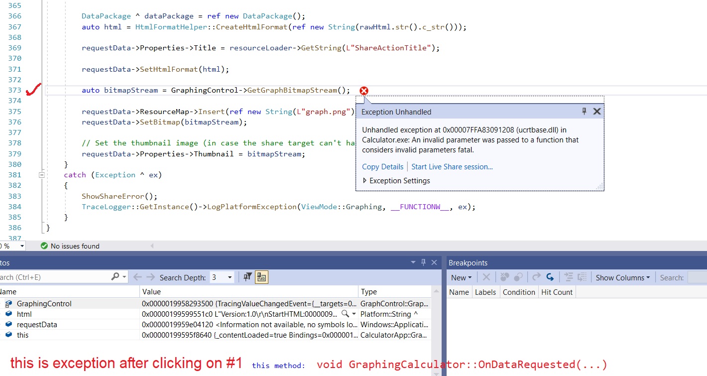 Calculator on Graphing mode crashes when I click on either "share" button or "switch to equation ...
