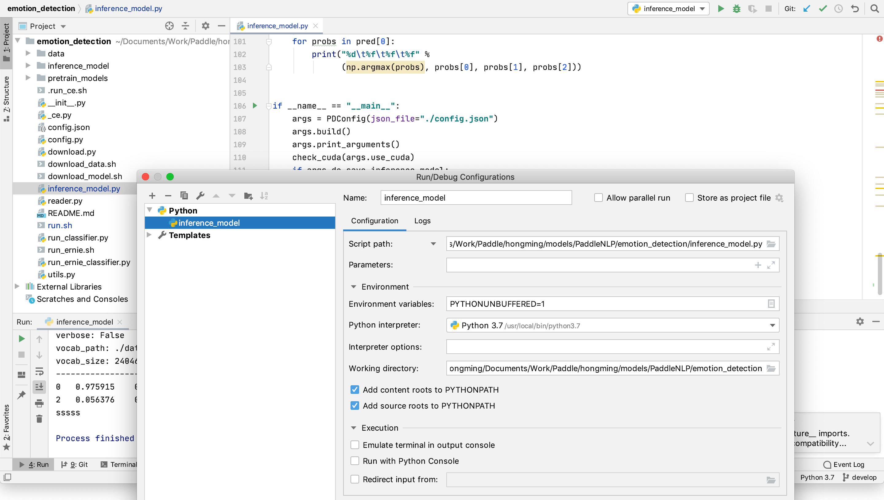 emotion_detection服务部署出现问题，命令行可以 运行，pycharm运行就报错，请帮助！ · Issue #4545 · PaddlePaddle/models · GitHub