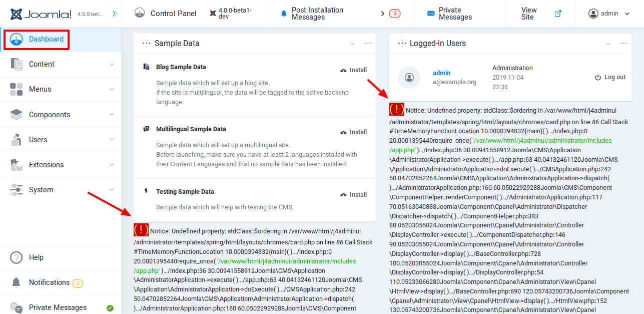 Notices in Dashboard · Issue #31 · joomla-projects/j4adminui · GitHub