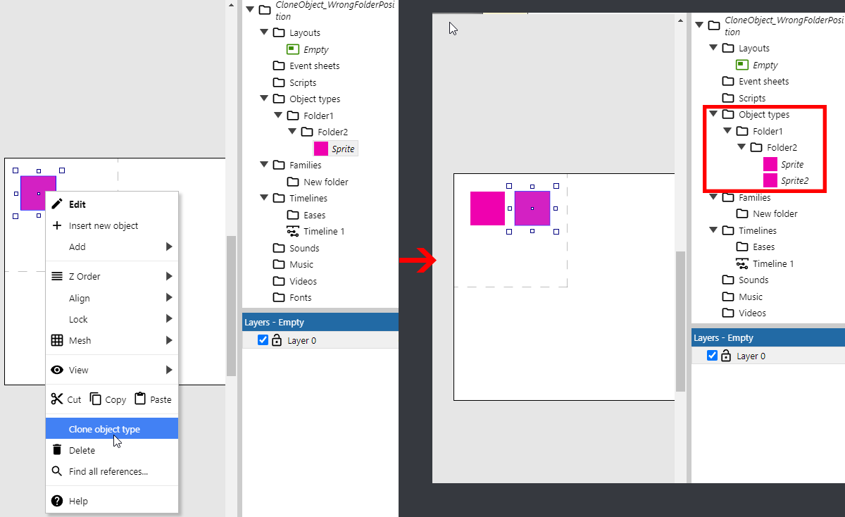 Cloning An Object From The Layout Create The Cloned Object At The Root Of Object Types Folder In