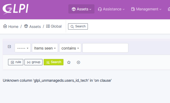 Assets -> Global show error "Unknown column 'glpi_unmanageds.users_id_tech' in 'on clause ...
