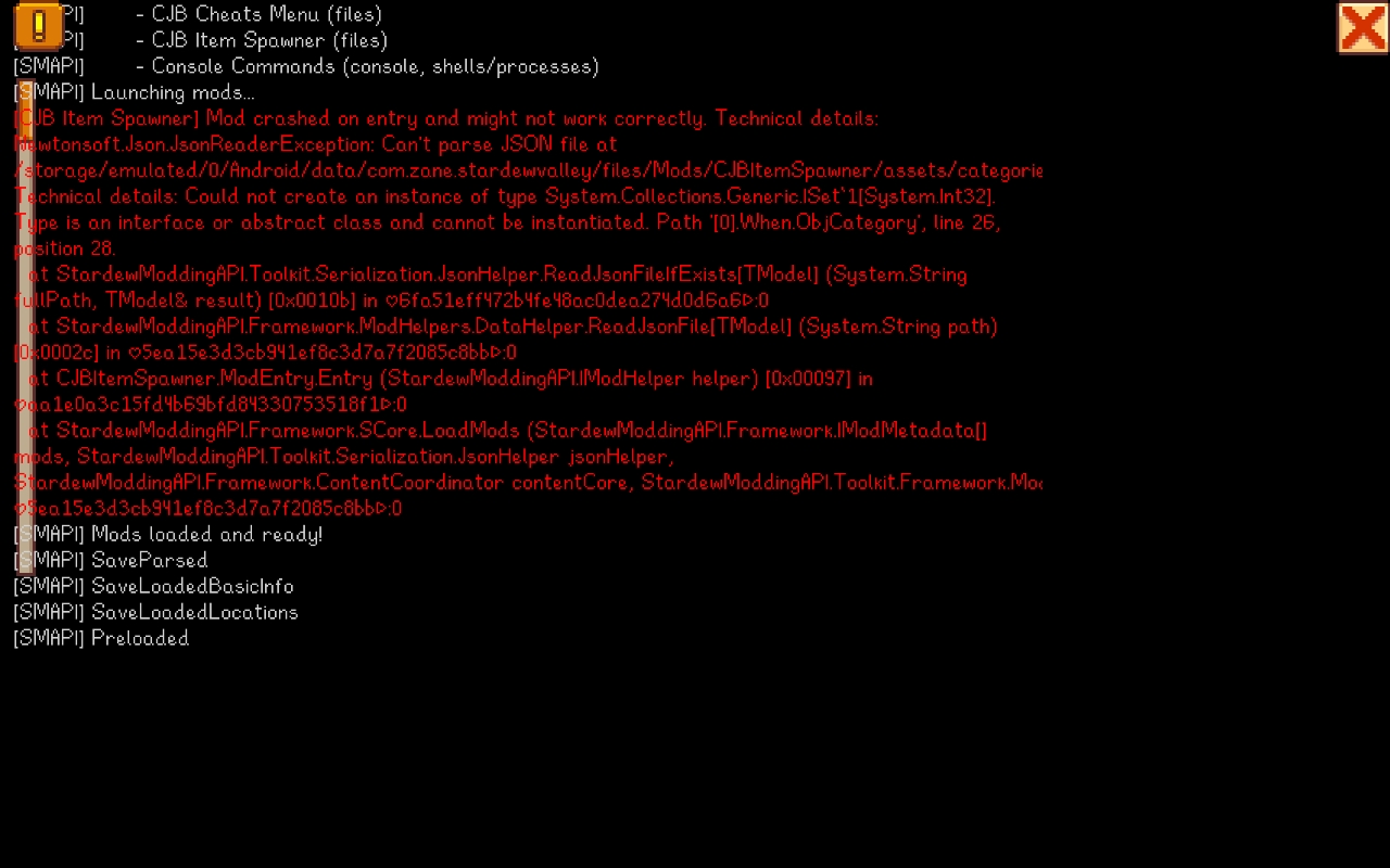CJB cheat menu bugged and CJB item spawner gives error · Issue #412 · ZaneYork/SMAPI-Android ...
