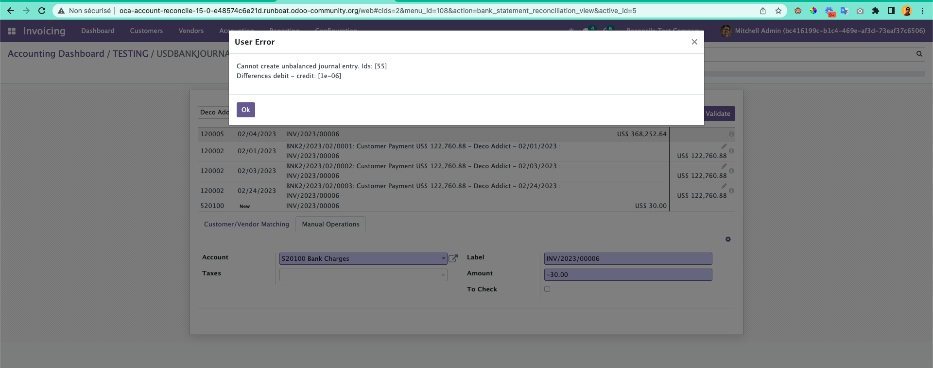[15.0][account_reconciliation_widget] User Error: cannot create unbalanced journal entry ...
