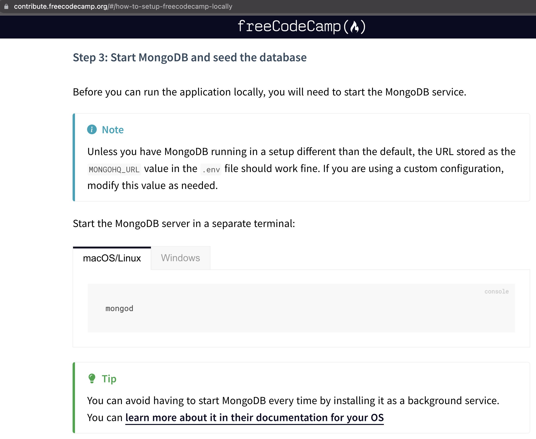Errors when running `mongod` in local setup · Issue #45784 · freeCodeCamp/freeCodeCamp · GitHub