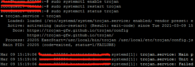 先后安装了lnmp和trojan,出现“exit-code”error,能帮忙看一下吗？ · Issue #576 · trojan-gfw/trojan · GitHub