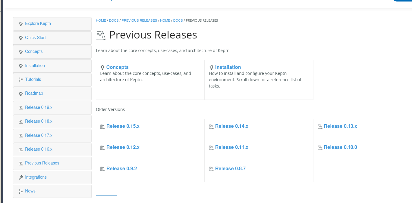 Create "Previous releases" section in docs · Issue #1494 · keptn/keptn.github.io · GitHub