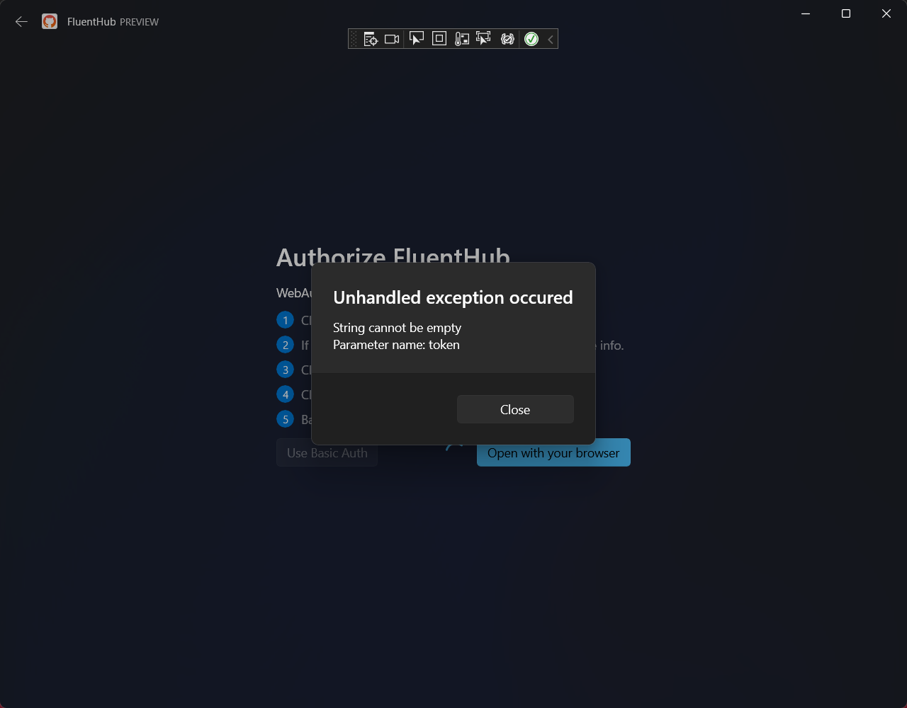 Occured unhandled exception when authorizing · Issue #123 · 0x5bfa/FluentHub · GitHub
