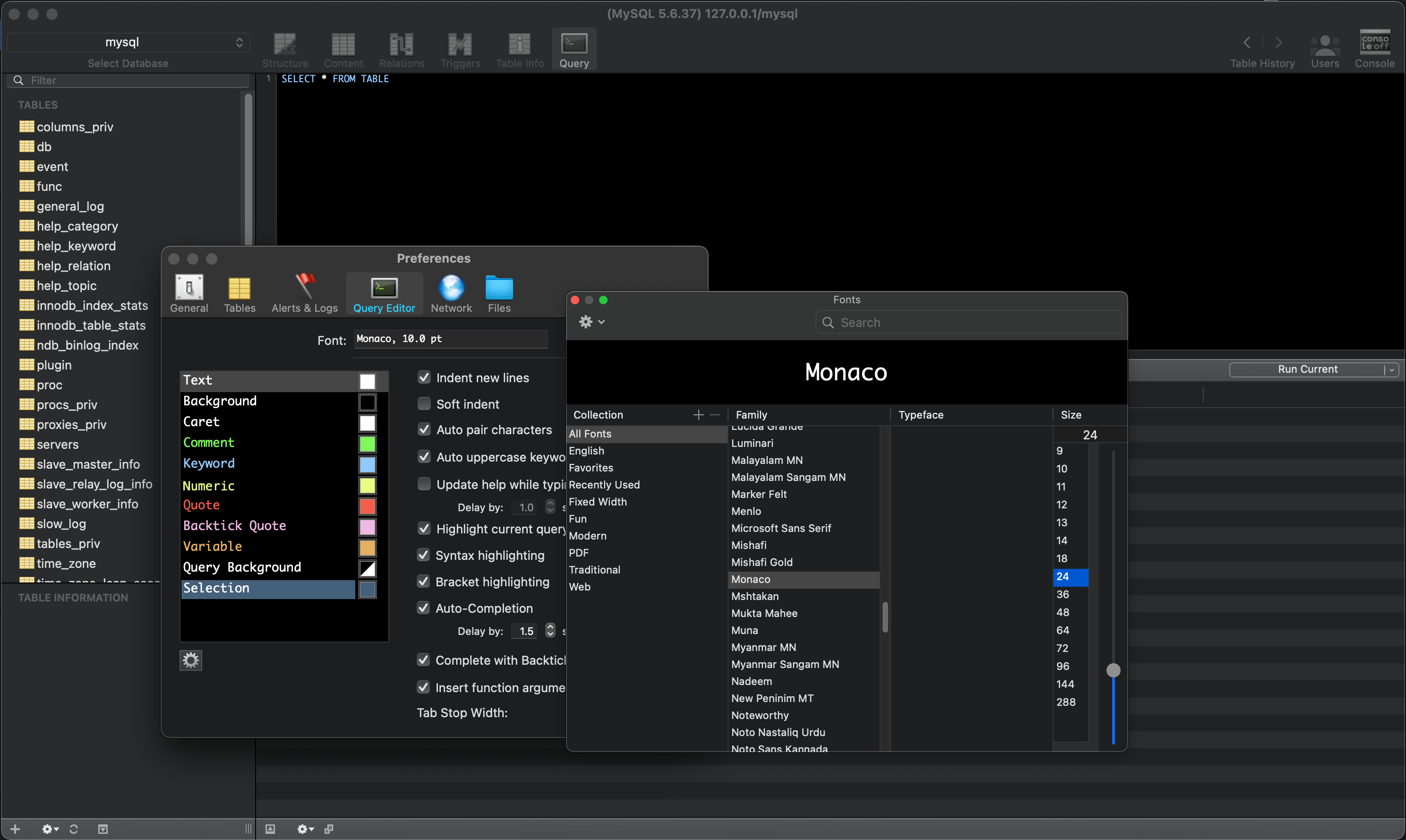 Cannot change QUERY EDITOR font / font size on Big Sur · Issue #487 · Sequel-Ace/Sequel-Ace · GitHub