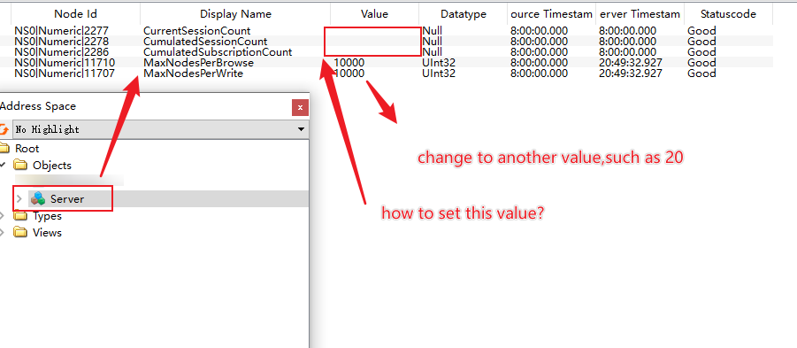 How to set the parameters (attributes) of "server" for the ua server ...
