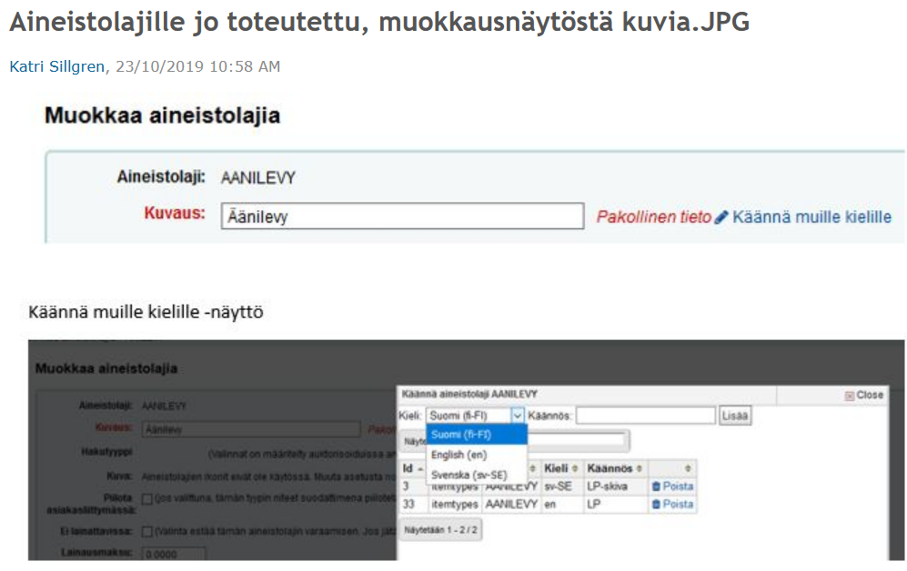 Ylläpito/Auktorisoidut arvot: mahdollisuus lisätä Kuvaus-arvo suomen lisäksi ruotsiksi ja ...
