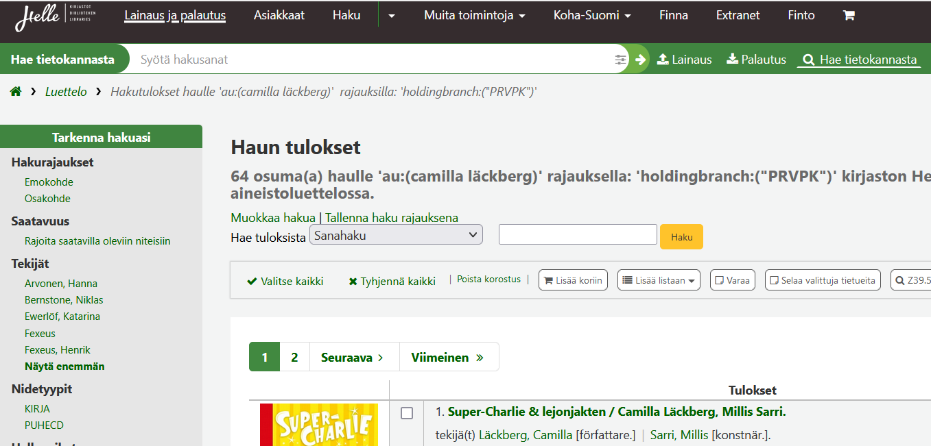 Hae tietokannasta -haku ei unohda haun rajaukseen käytettyä fasettivalintaa Nykyinen paikka, kun ...