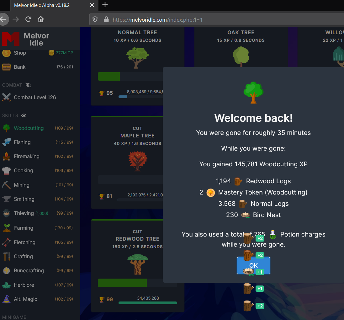 Offline Woodcutting mastery exp is still bugged in 0.18 · Issue #557 · MelvorIdle/melvoridle ...