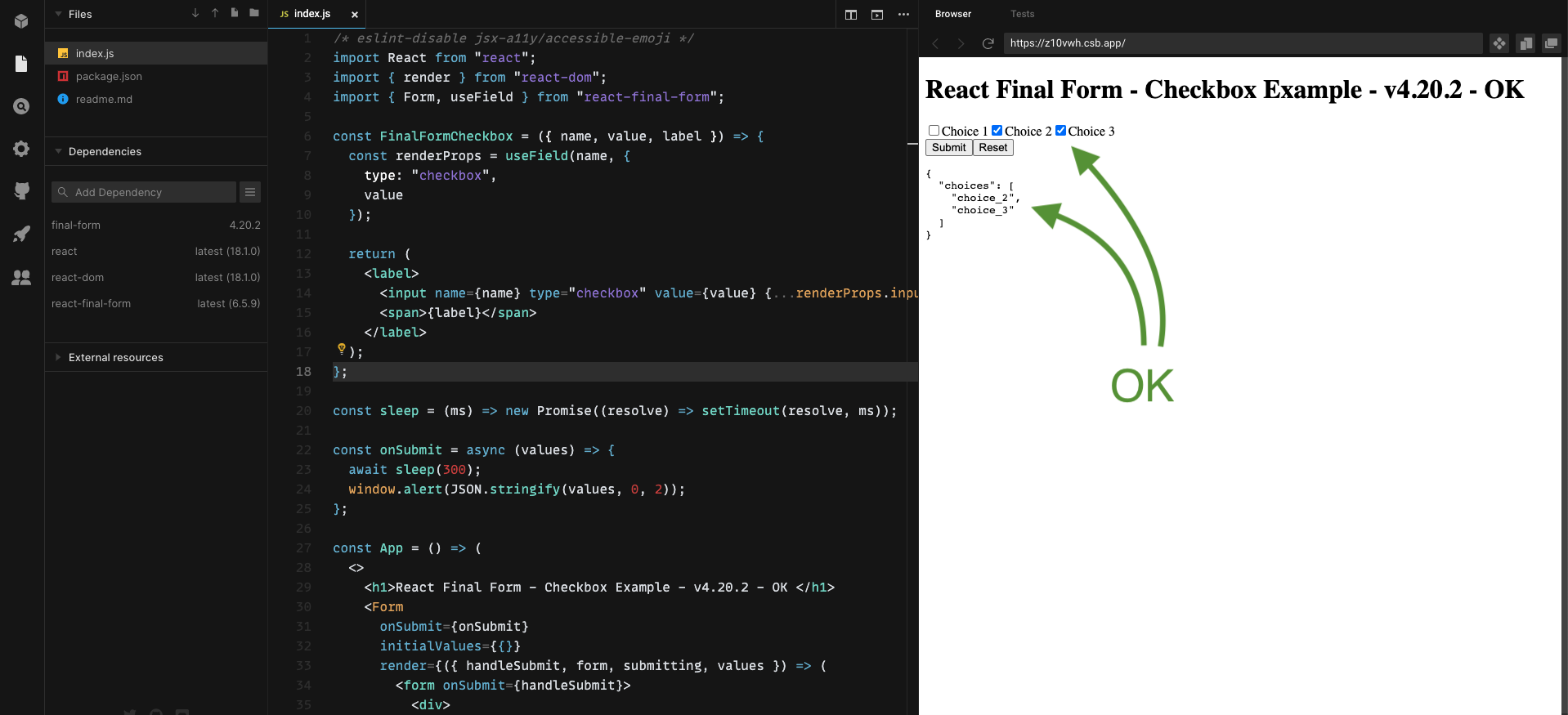 final-form ^4.20.3 introduced a breaking change for array field names (e.g. choices[]), which ...