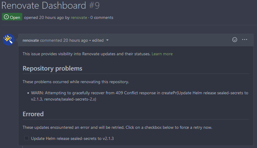 Gitea - 409 Conflict response in createPr with every trigger · Issue #14336 · renovatebot ...