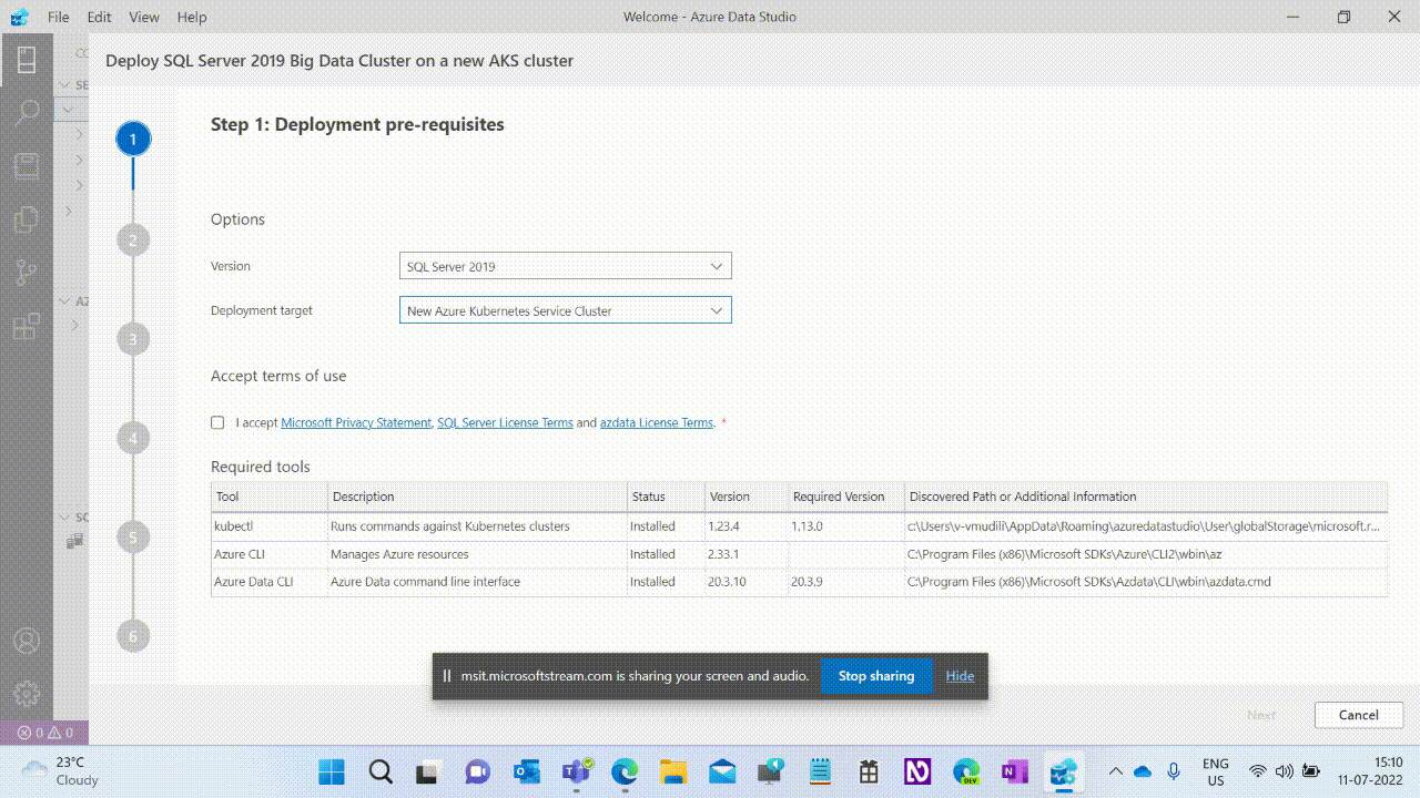 A11y_AzureDataStudio_New Deployment: SQL Server 2019 Big Data Cluster_Screen Reader: Narrator is ...