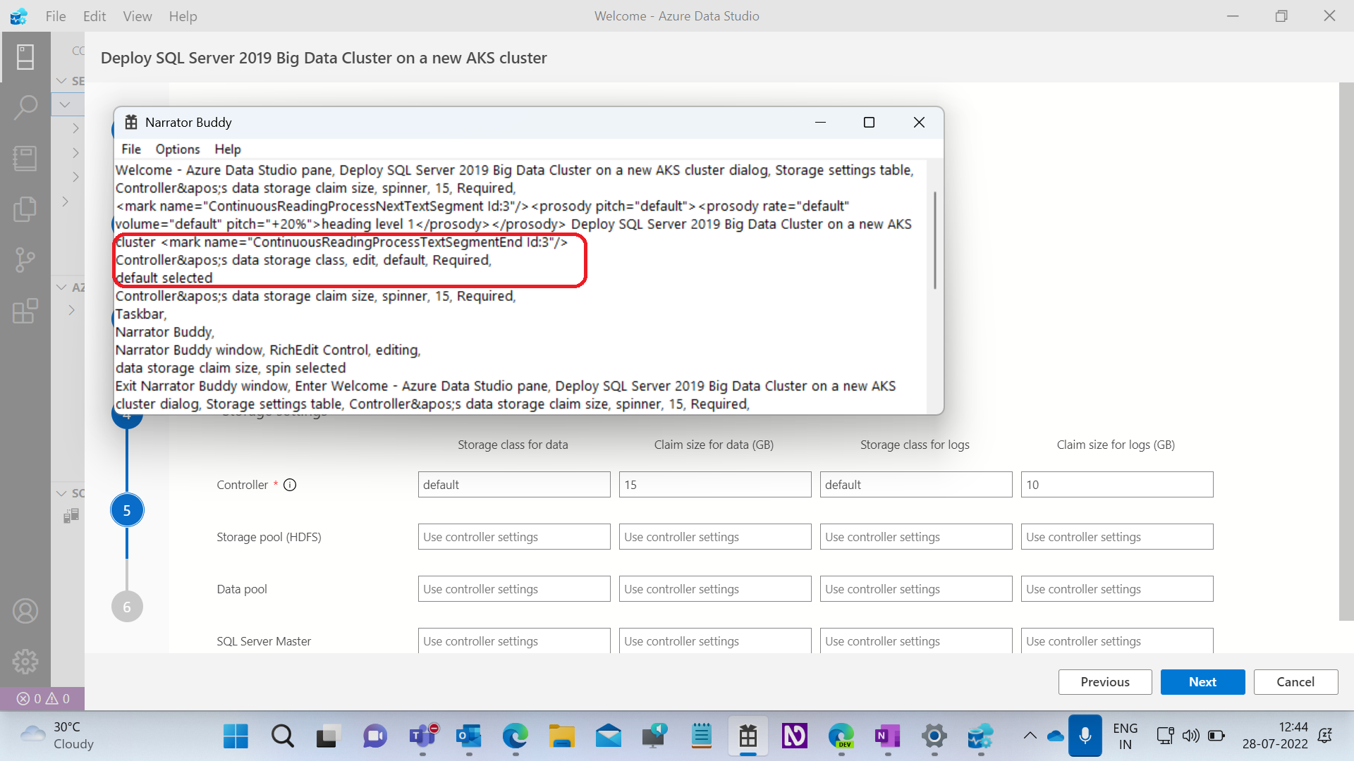 A11y_AzureDataStudio_New Deployment:SQL server 2019 Big Data Cluster_Screen Reader: Narrator is ...