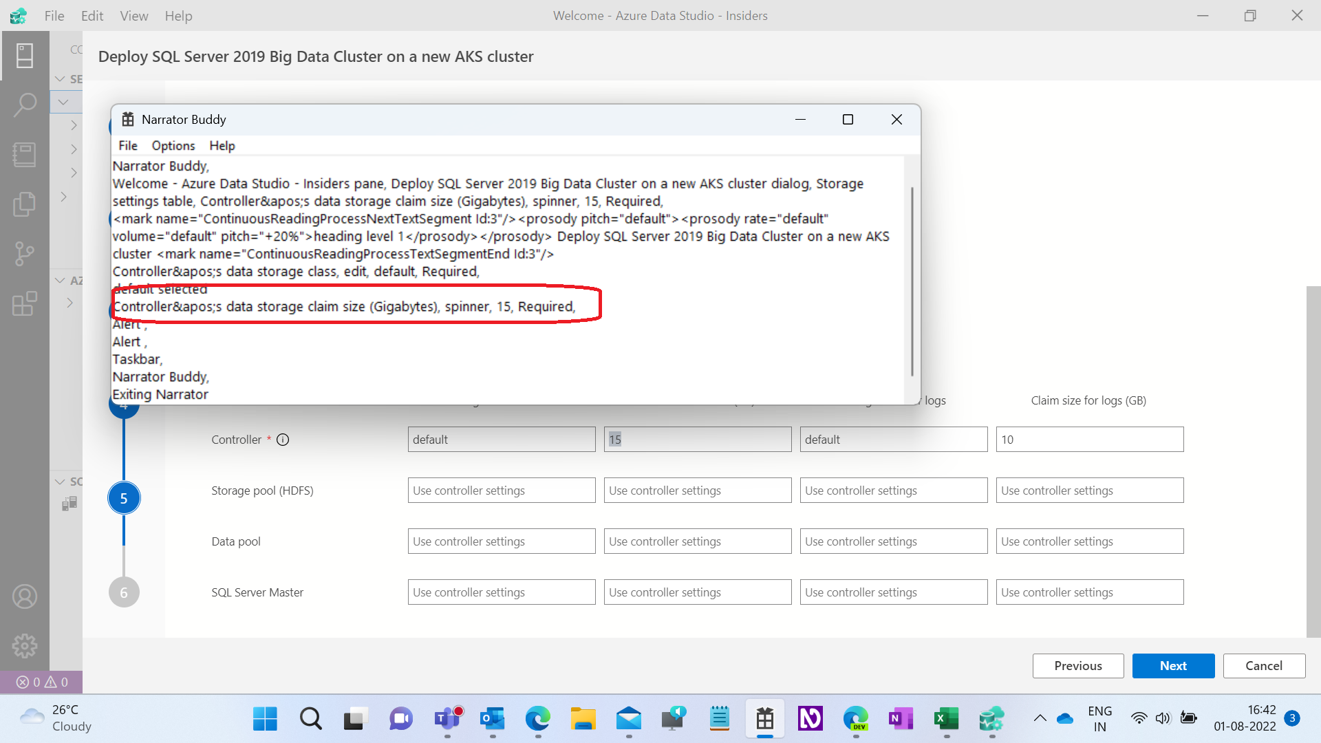 A11y_AzureDataStudio_New Deployment:SQL server 2019 Big Data Cluster_Screen Reader: Narrator is ...