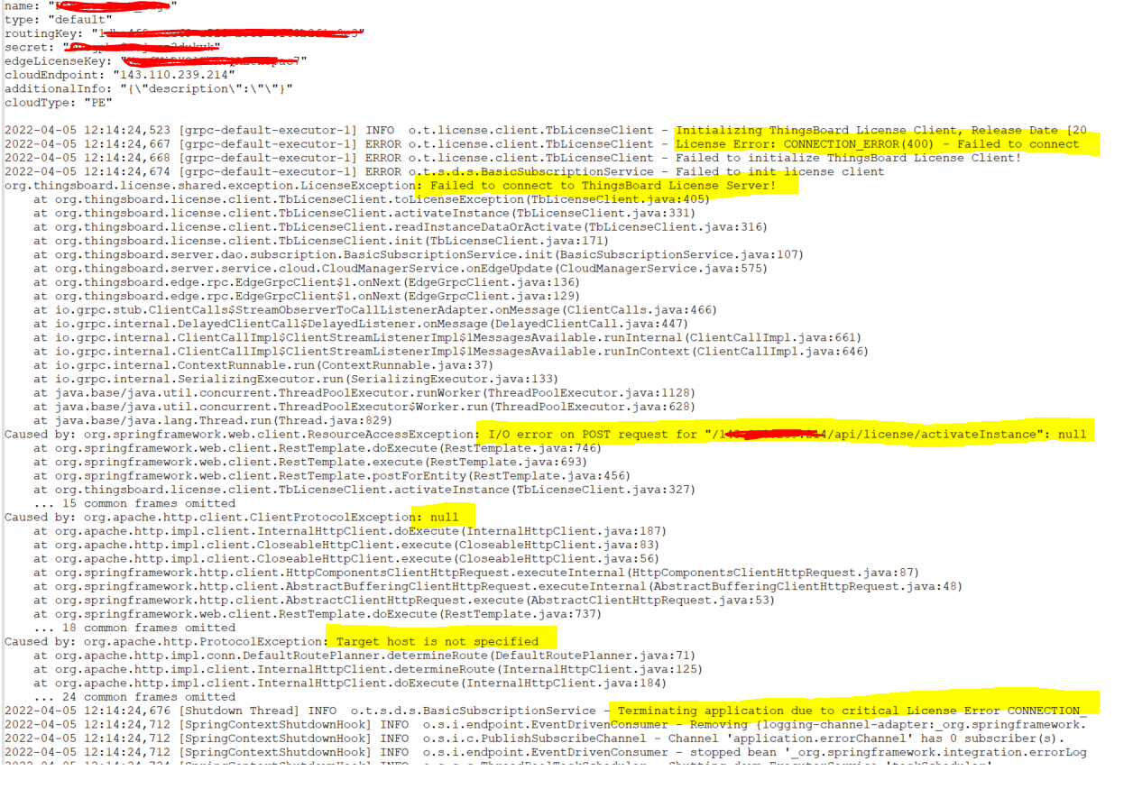 Thingsboard Edge PE does not start - License Error: CONNECTION_ERROR(400) Failed to Connect to ...